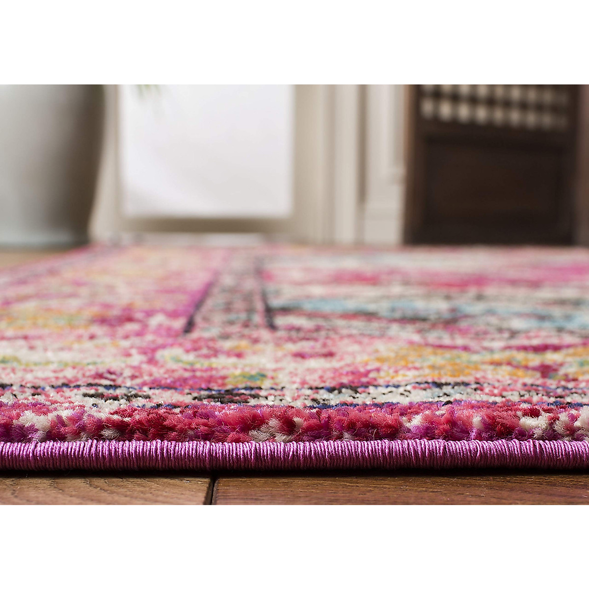 SAFAVIEH Monaco Collection Area Rug - 8'8" Square, Pink & Multi, Boho Chic Medallion Distressed Design, Non-Shedding & Easy Care, Ideal for High Traffic Areas in Living Room, Bedroom (MNC243D)