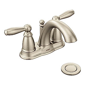 Moen Brantford Brushed Nickel Two-Handle Low-Arc Centerset Bathroom Faucet with Drain Assembly, 6610BN, 0.5