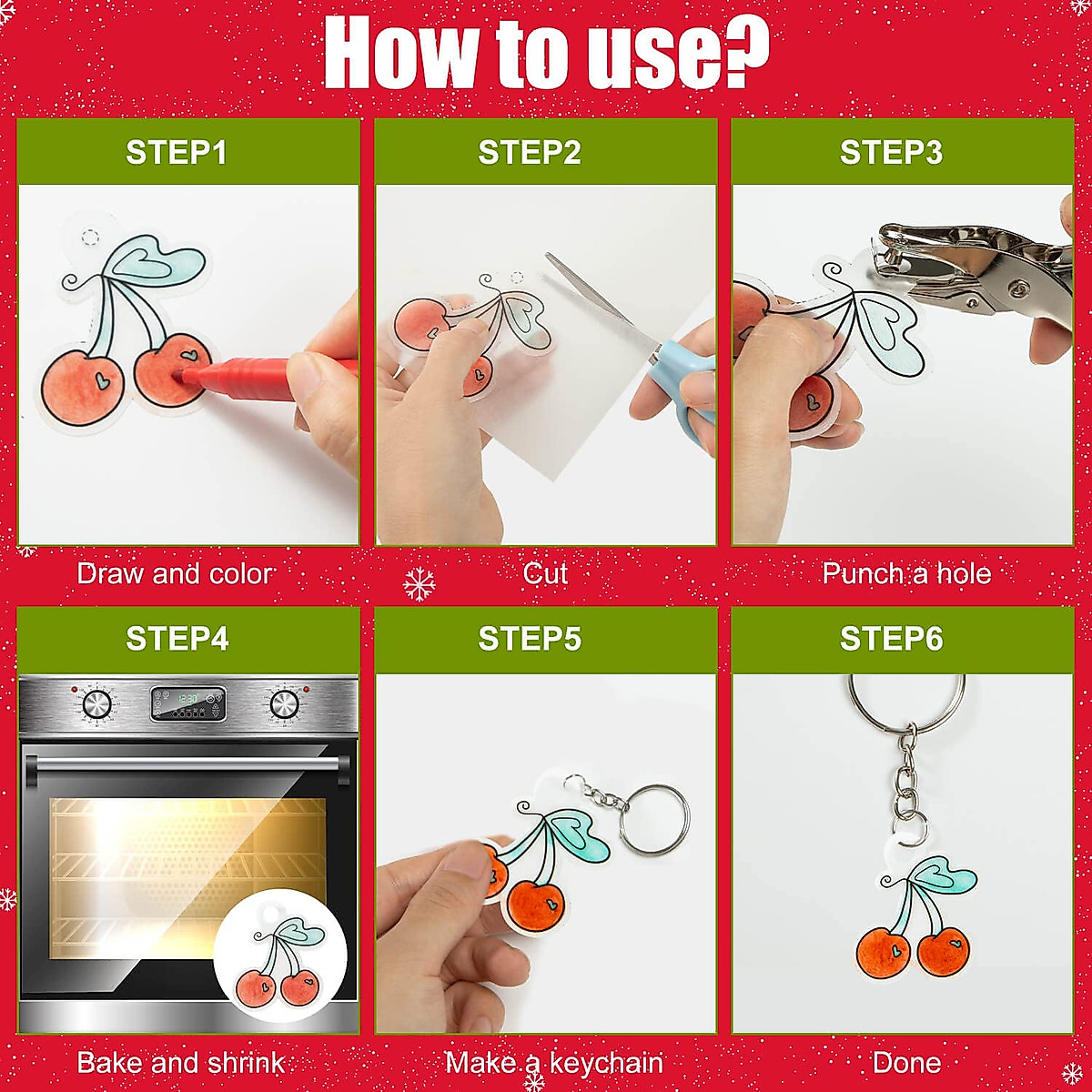 Christmas Shrink Plastic Sheet Kit, for Kids Creative Craft and DIY Ornaments ( 32 Pcs Shrinky Paper with 125 Pcs Keychains Accessories Included