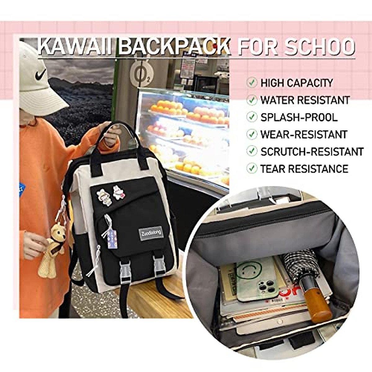 Treonca Kawaii Backpack with Kawaii Pin and Accessories Girl Backpack Cute Shoulder Tote Bag Laptop Schoolbag for Students Backpack (Black)