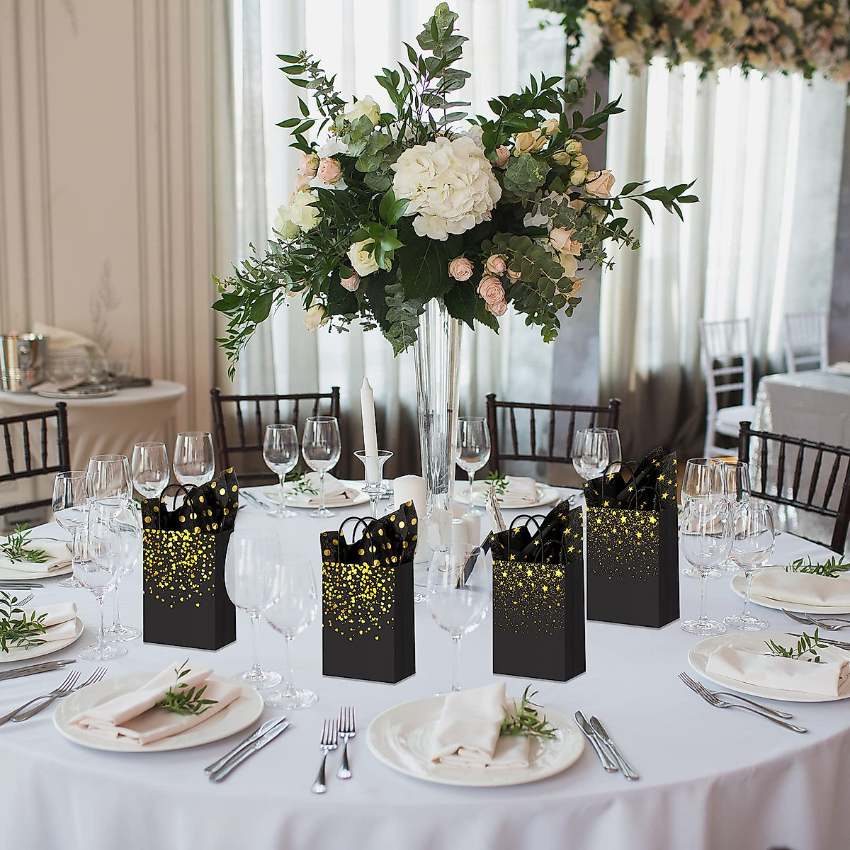 32 Pcs Black Gold Gift Bags New Years Eve Party Favor Bags 32 Pcs Black and Gold Tissue Paper for Gift Bags Gold Black Gift Bags with Handles New Years Eve Gift Bags with Stars Heart for Wedding