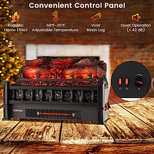 COSTWAY Eternal Flame Electric Fireplace Log, 20-inch Fireplace Insert Log Heater with Realistic Pinewood Ember Bed, Adjustable Temperature, Infrared Electric Fireplace Log for Home Decor, Black 1500W