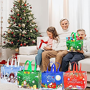 Large Christmas Gift Bags with Handles, Reusable Christmas Grocery Tote Bags for Christmas Holiday Gift Groceries Shopping Xmas Party Supplies, 8 Pack