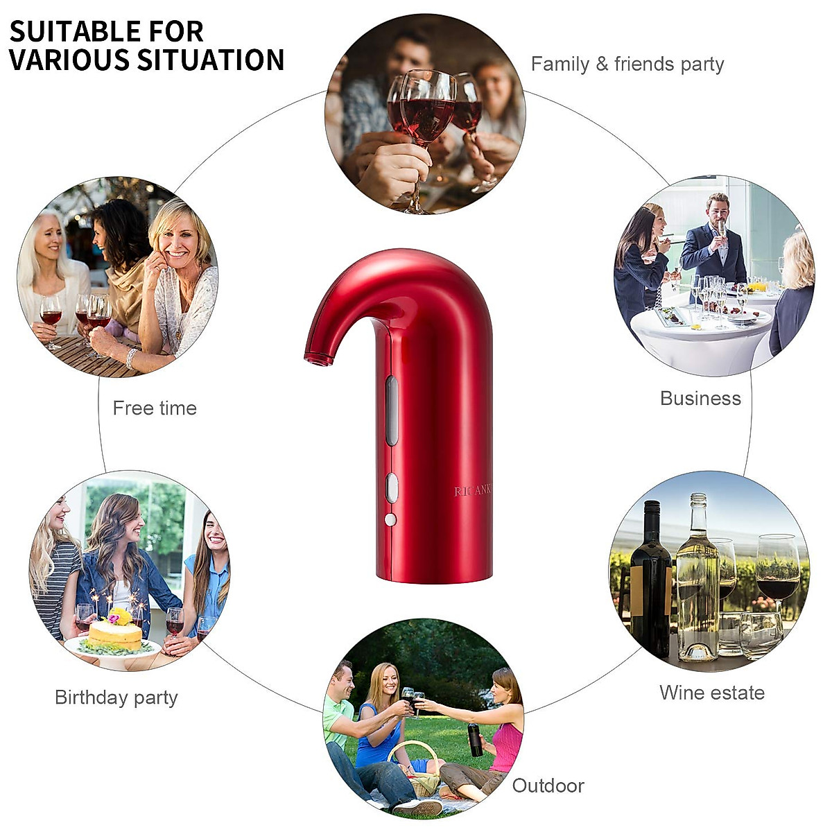 RICANK Electric Wine Aerator, Electric Wine Pourer and Wine Dispenser Pump for Red and White Wine Portable One-Touch Wine Decanter Multi-Smart Automatic Wine Oxidizer Rechargeable Spout Pourer Black