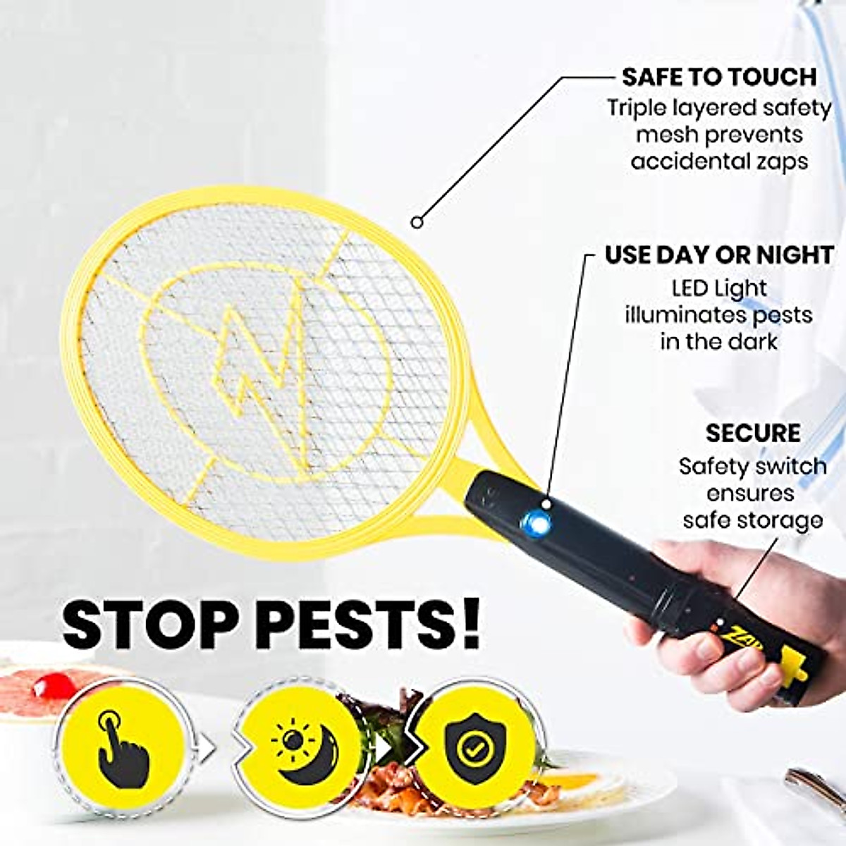 ZAP iT! Electric Fly Swatter Racket & Mosquito Zapper with Blue Light Attractant - High Duty 4,000 Volt Electric Bug Zapper Racket - Fly Killer USB Rechargeable Fly Zapper Indoor Safe - 2 Pack, Yellow
