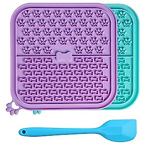 Lick Mat for Dogs 2 Pack Non-Slip Slow Feeders Licking Mat with Suction Cups for Anxiety Relief Include One Spatula for Scooping Out Dog Treat&Cat Food (Purple&Cyan)