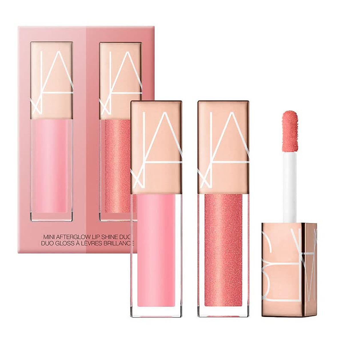 NARS Mini Afterglow Lip Shine Gloss Set: Contains 2 x 0.11 oz each - Orgasm (Sheer Peachy Pink with Golden Shimmer), Turkish Delight (pink sherbert)