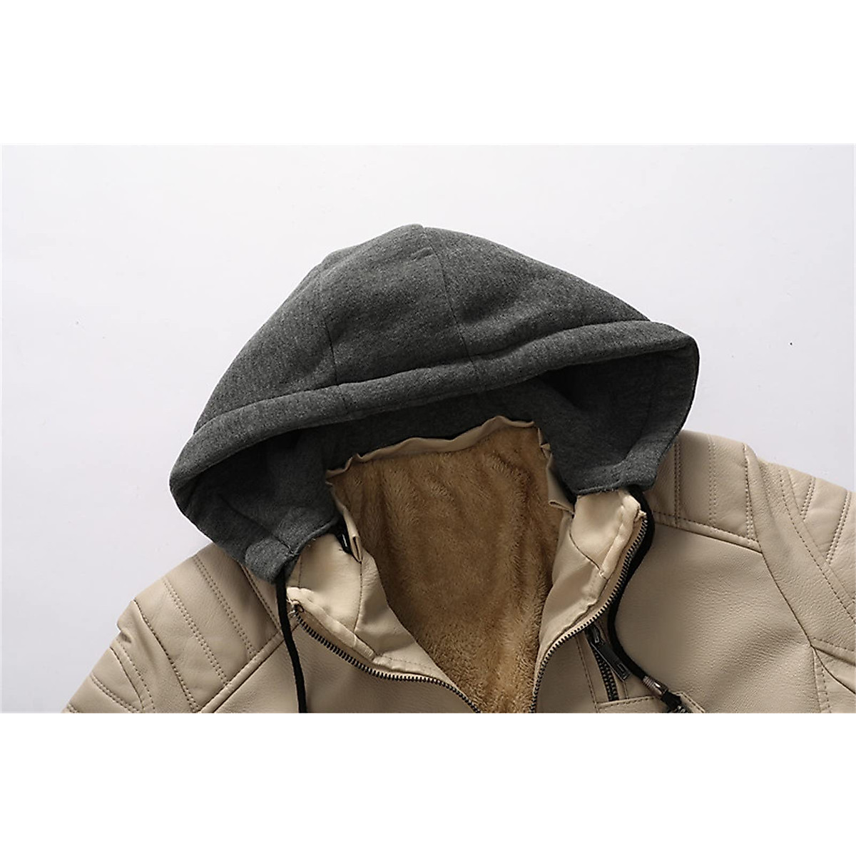 Maiyifu-GJ Men's Faux Leather Hooded Jacket Vintage PU Moto Windproof Hoodie Coat Winter Warm Fleece Lined Motorcycle Jacket (White,4X-Large)