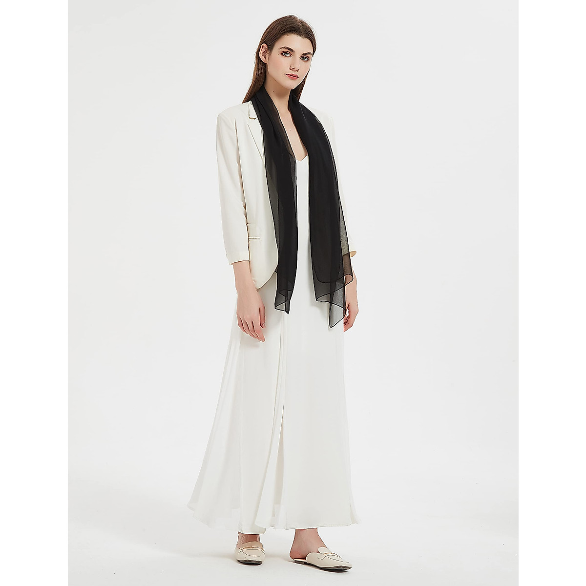 PANTONIGHT Long Chiffon Sheer Scarf For womens (065 plain black)