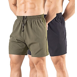 Gaglg Men's 5" Running Shorts 2 Pack Quick Dry Athletic Workout Gym Shorts with Zipper Pockets Black/Green,Small