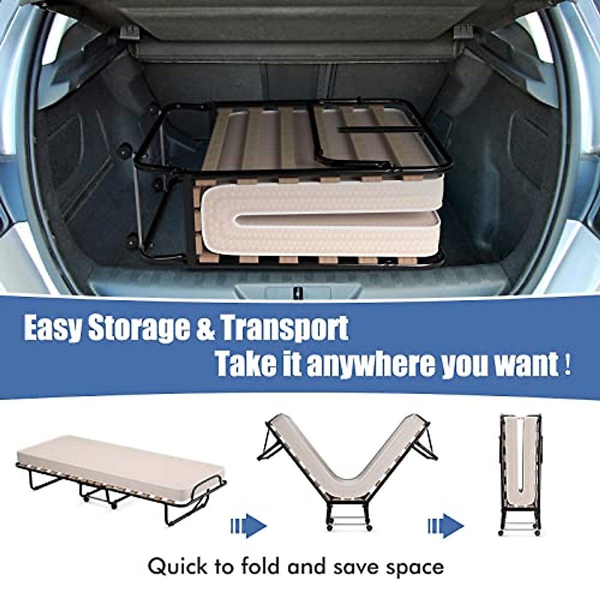 Giantex Folding Bed with Mattress for Adults, Rollaway Guest Beds w/Memory Foam Mattress & Metal Frame, Made in Italy, Cot Size Rollaway Bed, Portable Foldable Sleeper Bed for Home, Beige