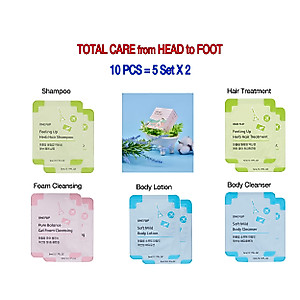 Korean Skin Care Travel Size Toiletries Kit for Women 10PCS - K Beauty Must Haves Essentials of Beauty - Shampoo, Conditioner, Foam Cleanser, Body Cleasnser, Body Lotion with Pouch (Blue)