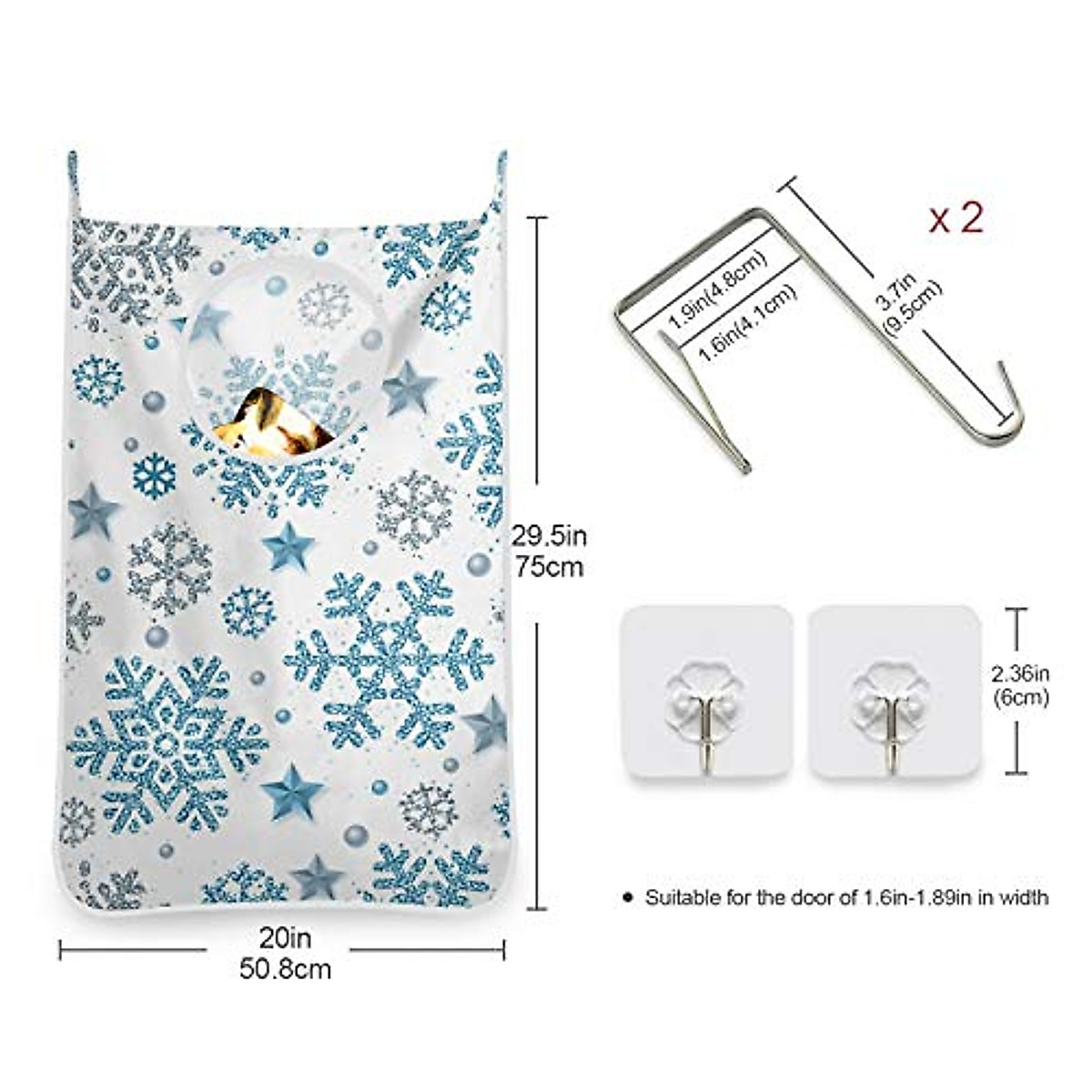 Snowflakes And Stars Door Hanging Laundry Hamper Bag Winter Christmas Space Saving Wall Large Laundry Basket Storage Dirty Clothes Bags with Bottom Zippers Hooks For Bathroom Bedroom 1 Pcs