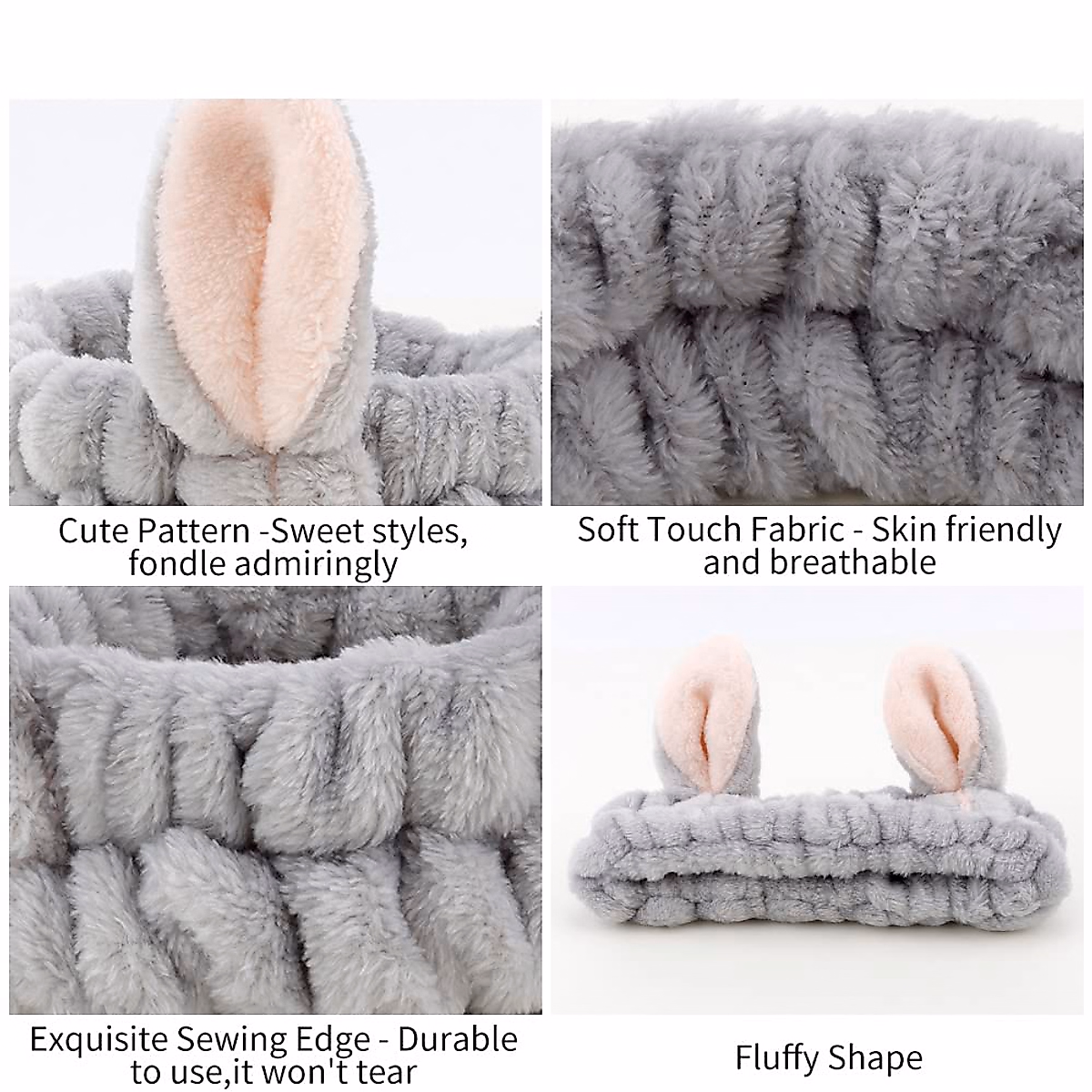AHONEY Animals Ears Headbands, Cute Makeup Spa Fuzzy Skincare Headband for Washing Face Headband for Women Girls Coral Fleece Elastic Hair Band Cosplay Makeup Party, 4Pcs
