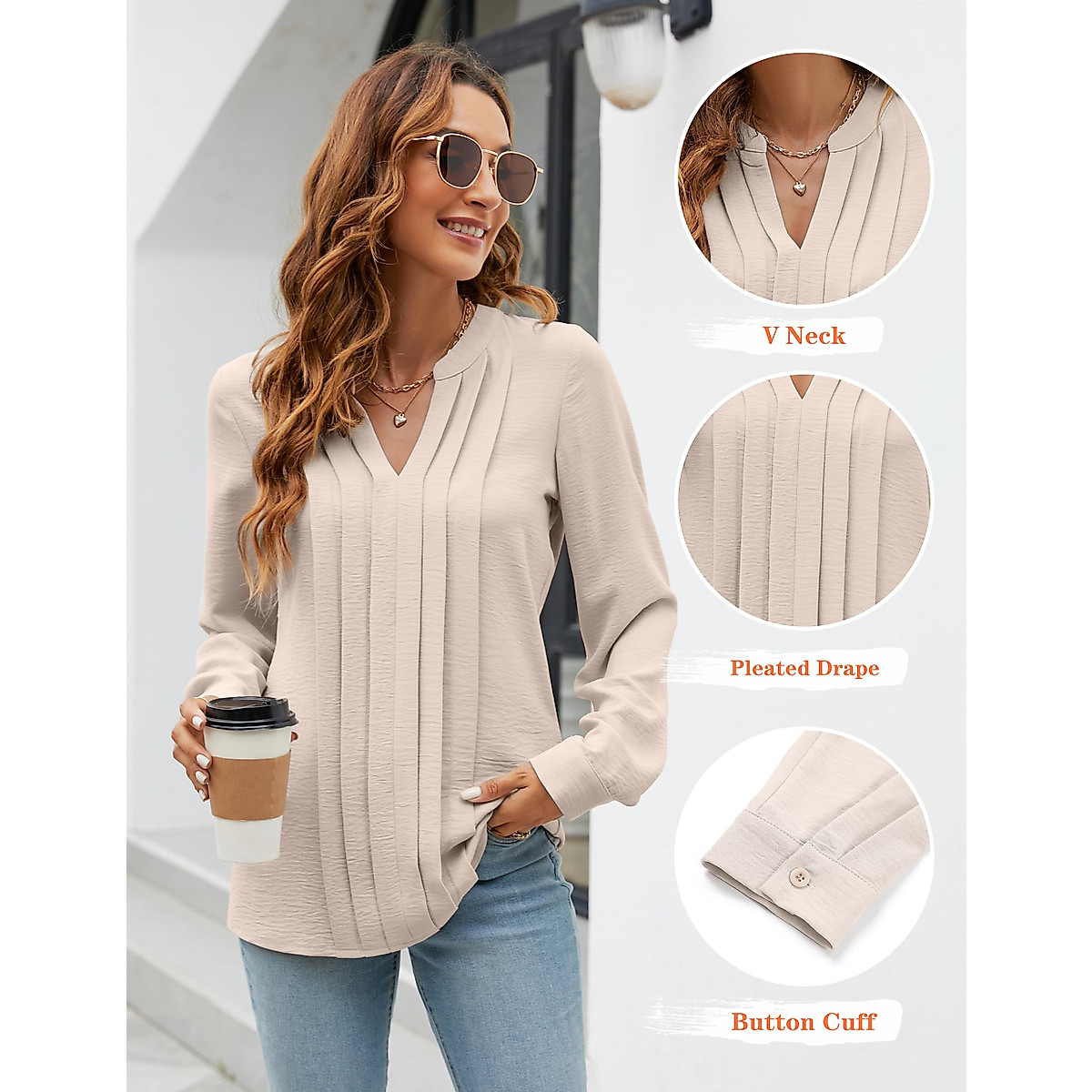 Blooming Jelly Women's Dressy Casual Blouses Business Work Tunic Tops Cute Long Sleeve V Neck Pleated Shirts 2025 Fall Outfits (Apricot,Small)