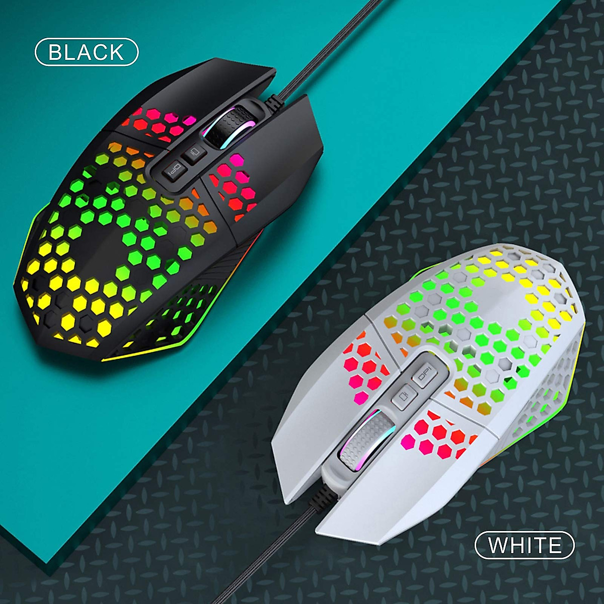 Uiosmuph X801 Wired Gaming Mouse, Honeycomb Lightweight Gaming Mouse with RGB Backlit, 7 Programmable Buttons and One-Click Desktop, 8000 DPI Optical USB Gamer Mouse for Mac, Laptop, Computer - White