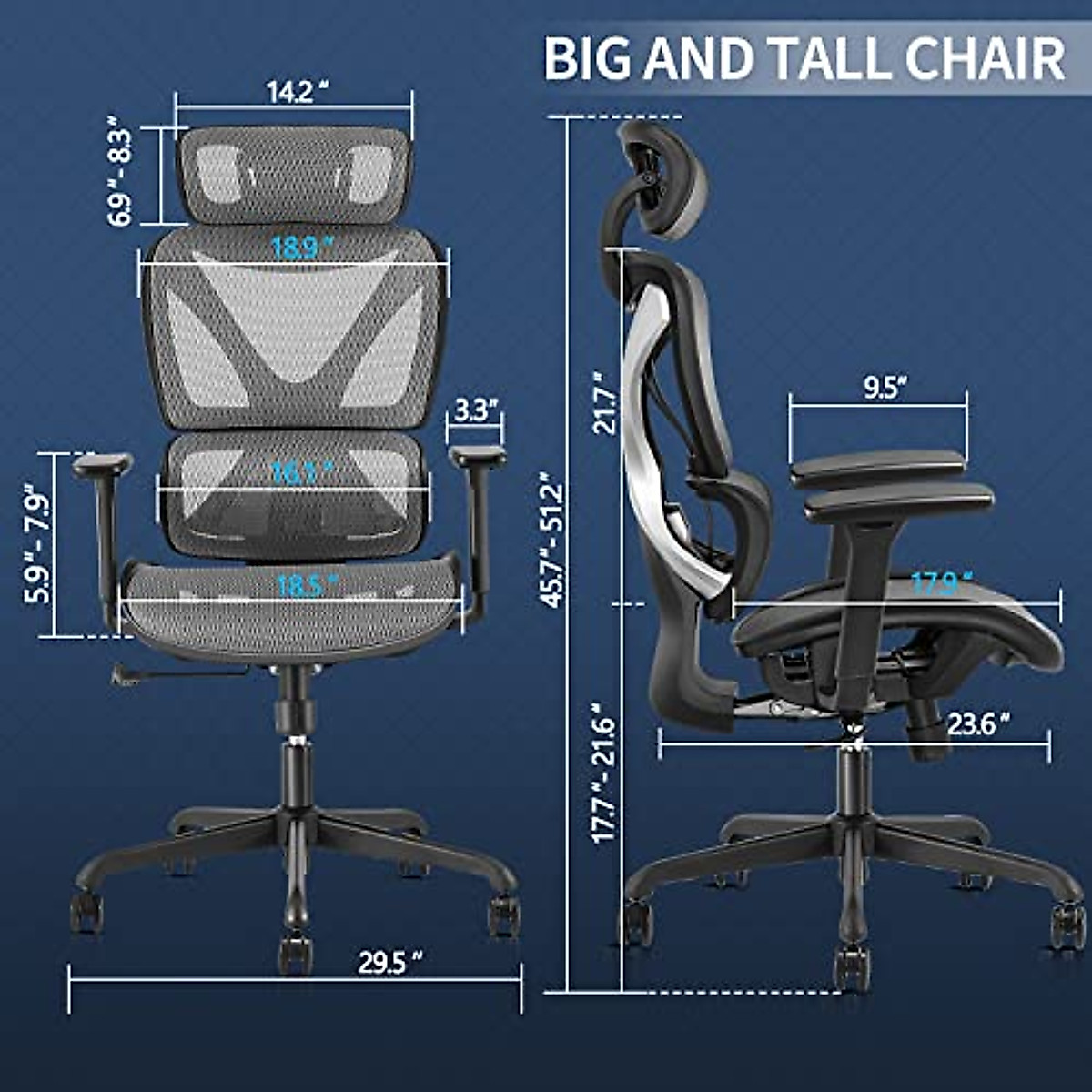 GABRYLLY Office Chair, Large Ergonomic Desk Chairs, High Back Computer Chair with Lumbar Support, 3D Armrest, Breathable Mesh, Adjustable Headrest, with Tilt Function, (Grey)29.5D x 40.9W x 51.2H Inch