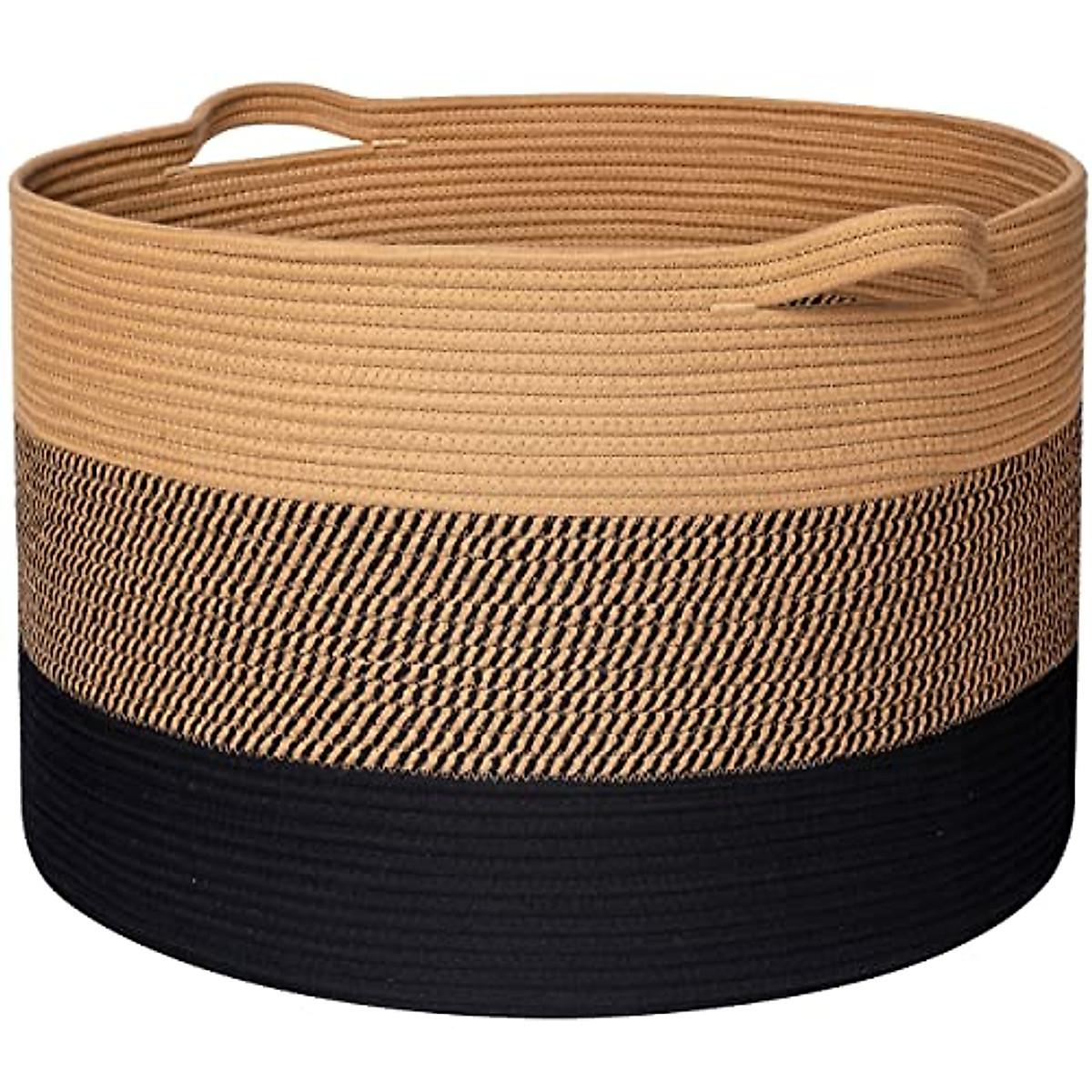 MINTWOOD Design Extra Large 22 x 14 Inches Blanket Basket Living Room, Laundry Basket, Woven Basket, Toy Storage Baskets Bin, Decorative Round Cotton Rope Basket for Pillows, Towels, Black Jute