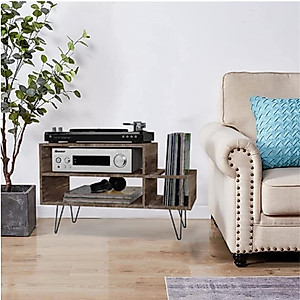 Gtouse Large Record Player Stand with 3 Cabinet, Mid-Century 3 Tier Display Stand Record Storage Turntable Stand Table with Metal Hairpin Legs for Living Room Bedroom Office, 34 x 18 x 21inches
