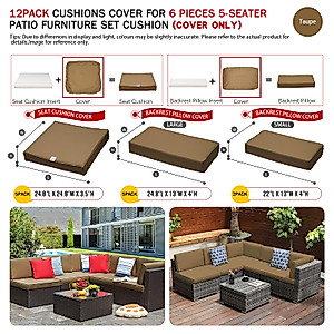 ClawsCover 12Pack Outdoor Seat and Back Cushions Replacement Covers Fit for 6Pieces 5-Seater Wicker Rattan Patio Furniture Conversation Set Sectional Couch Chairs,Taupe-Include Cover Only