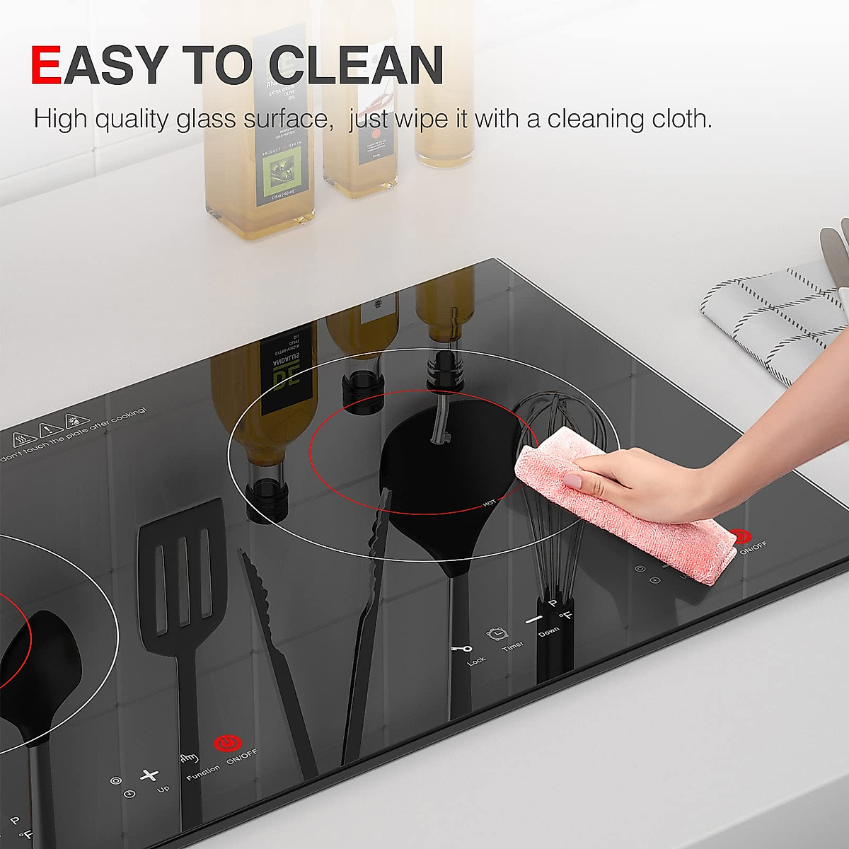 GTKZW Electric Cooktop 24 Inch,Electric Stove 2 Burners 110V Built-in and Countertop 2200W, LED Touch Screen, 9 Heating 9 Temperature, Overheat Protection, Kids Lock & Timer,Suitable for all Pans