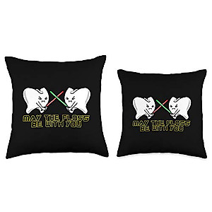 BoredKoalas Dentist Throw Pillow Gifts May The Floss Be with You Tooth Fight Cute Dentist Gift Throw Pillow, 18x18, Multicolor