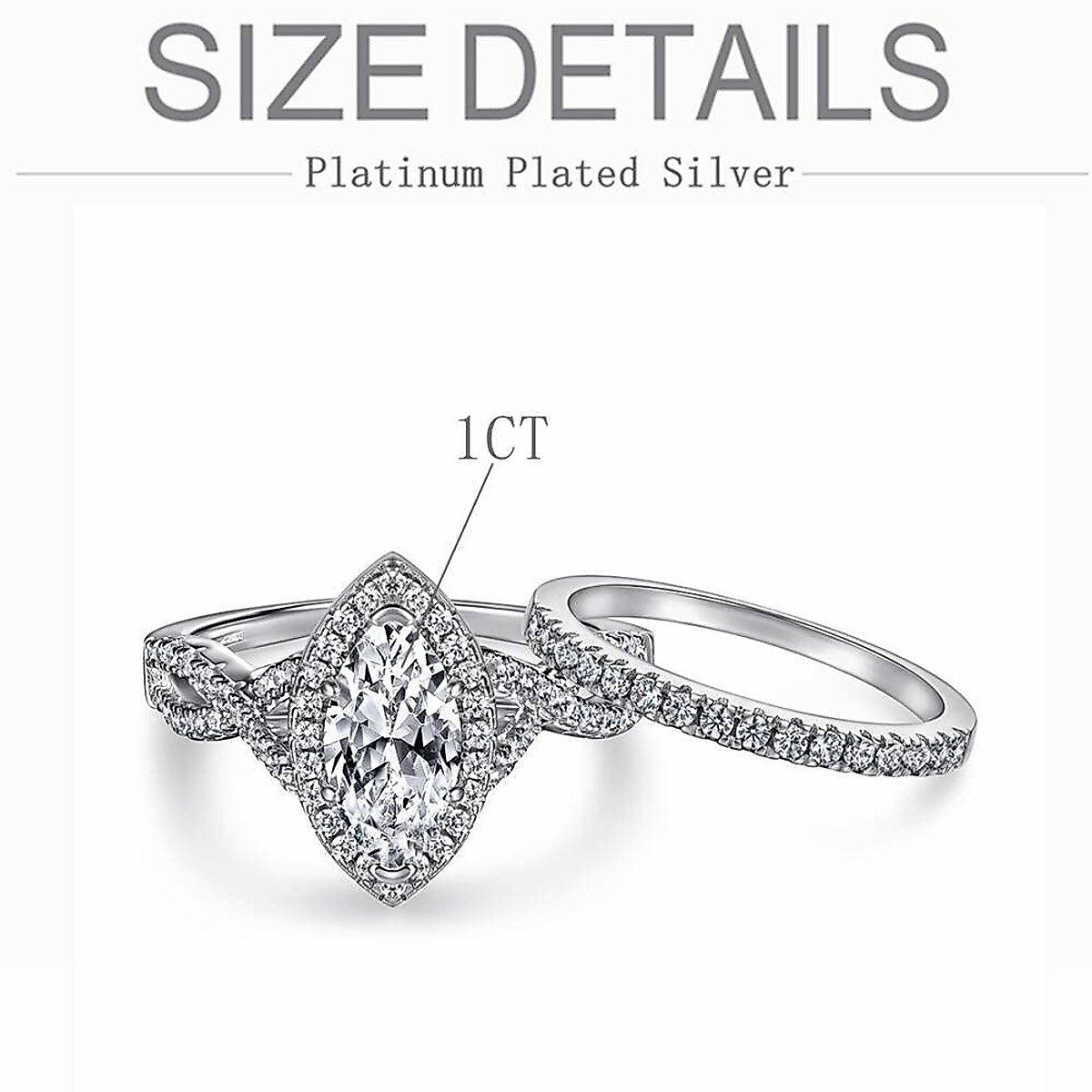 Marquise Bridal Sets Wedding Ring Set for Women Platinum Plated Silver, 1 Carat Center Moissanite Engagement Ring Set White Gold Vintage Anniversary Promise Rings for Her with Text Engraving（size 7