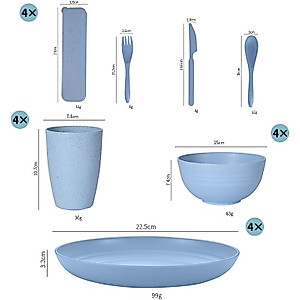 Wheat Straw Dinnerware Sets Service for 4 with Plastic Red & White Checkered Tablecloths, 28PCS Unbreakable Plastic Dinnerware Sets, Kids Plates and Bowls Sets, Lightweight Camping Cutlery Set