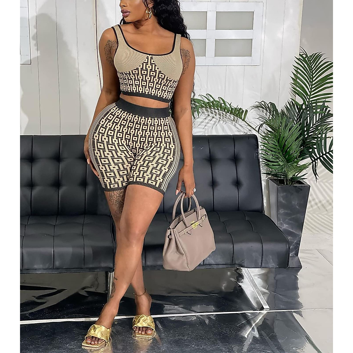 Annystore Women's Sexy 2 Piece Outfits Sleeveless Print Ribbed Tank Crop Top Jogger Biker Workout Shorts Tracksuit Set Brown XL