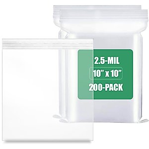 200-Count, (10" x 10") - 2.5 Mil Thickness Clear Zipper Reclosable Bag, Zip Bags, Ultra Heavy Duty Lock Seal Poly Plastic Bags for Prints, Photos, Documents, Clothing, T-Shirt