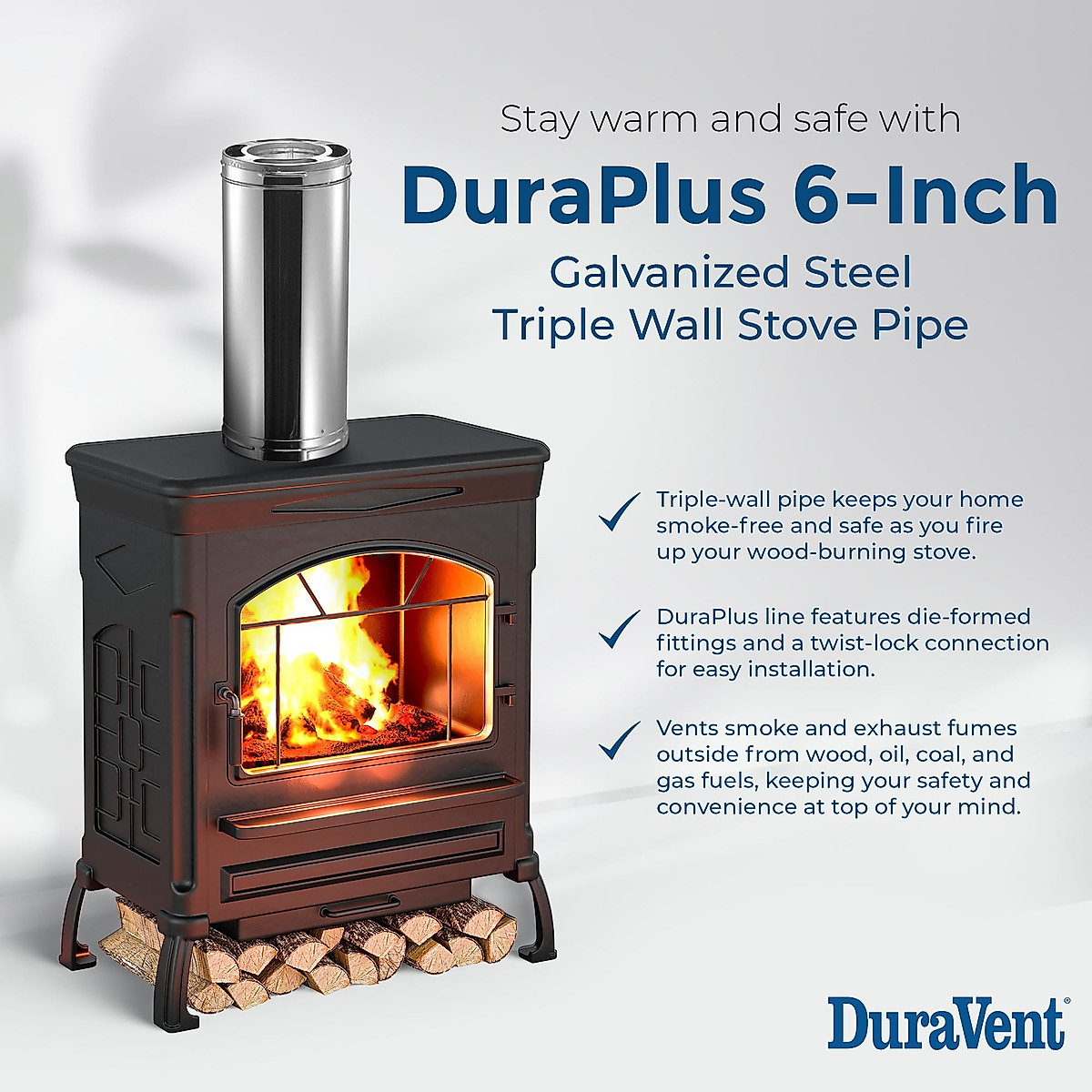 DuraVent DuraPlus 36 x 6 Inch Galvanized Stainless Steel Triple Wall Wood Burning Stove Pipe Connector for Ventilation with Twist Lock, Silver