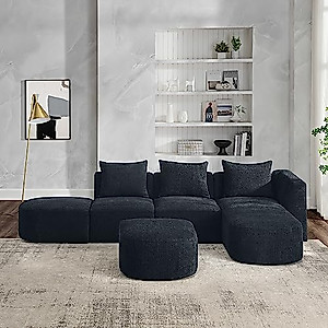L-Shaped Stylish Comfy Sectional Sofa Couch with 2 Single Seats, Right Chaise and Movable Ottomans, Modern DIY Combination Convertible Modular Sofa & Couch Cloud Deep Seater Cozy Sofá for Living Room