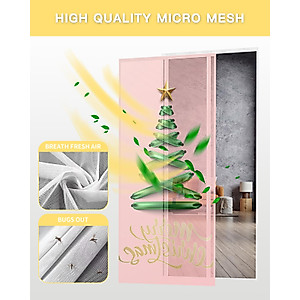OComster Pink Christmas Tree Magnetic Screen Door, Green Xmas Tree Merry Christmas Hands Free Screen Mesh Size 38" x 83", Reinforce Heavy Duty Mesh Screen Doors for Patio/Front/Sliding Door