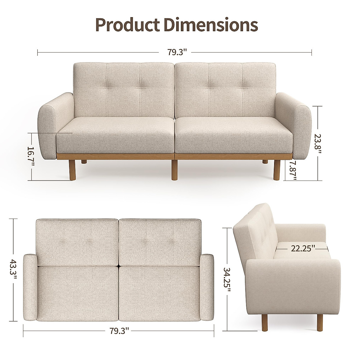 AMICLIBER Convertible Futon Sofa Bed Couch, 79 Inch Mid Century Futon Love Seat Couches,Button Tufted Upholstered Small Splitback Loveseat Sofa Cama for Living Room,RV,Office,Apartment,Beige