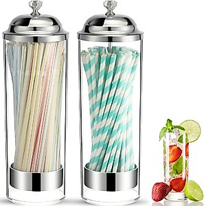2Pcs Straw Dispenser Clear Straw Holder for Counter Straw Container with Lid Transparent Straw Lid Organizer Drinking Straw Holder Dispenser, Drinking Straws (Stripes, Plastic)