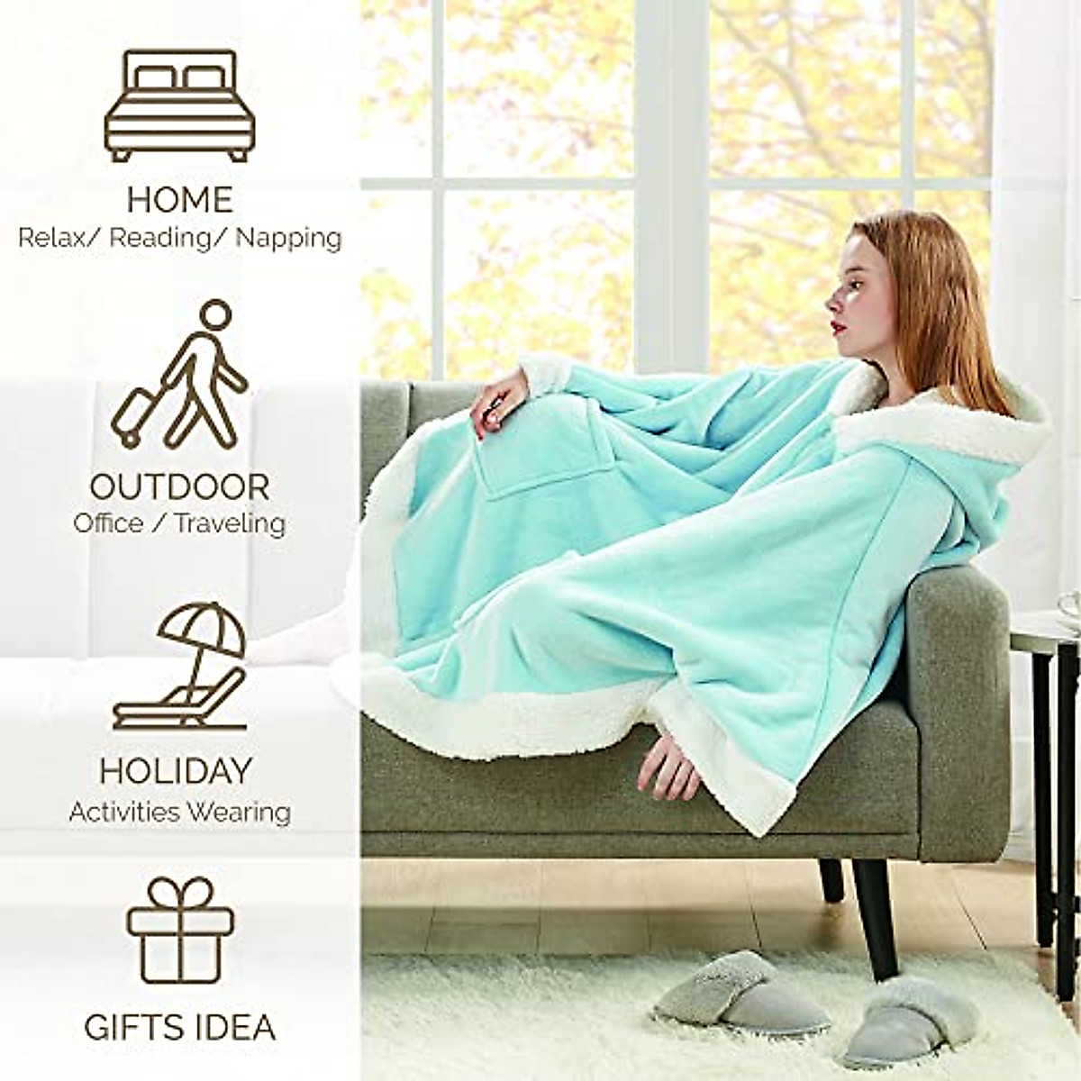Degrees of Comfort Angel Wrap Wearable Hooded Blanket | Sherpa Lining Poncho Blanket with Hood and Pockets | Soft Plush Fleece Throw Blanket Cape | Cozy Blanket Shawl for Adults/Women Gift, Sky Blue