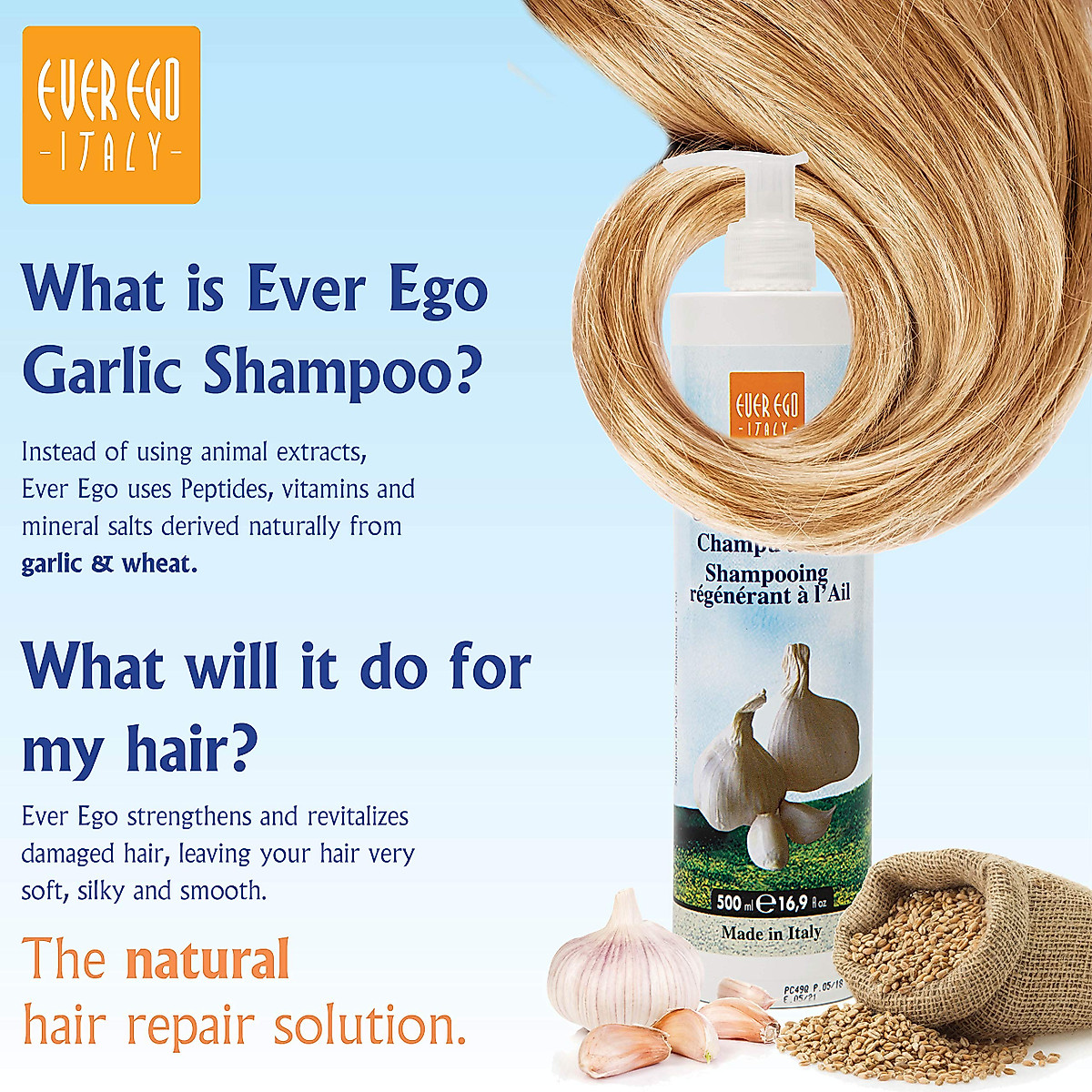 Ever Ego Italy Garlic Shampoo For Damaged, Bleached or Colored Hair | Repairing And Hydrating Hair Care Product For Men And Women | 500ml Bottle