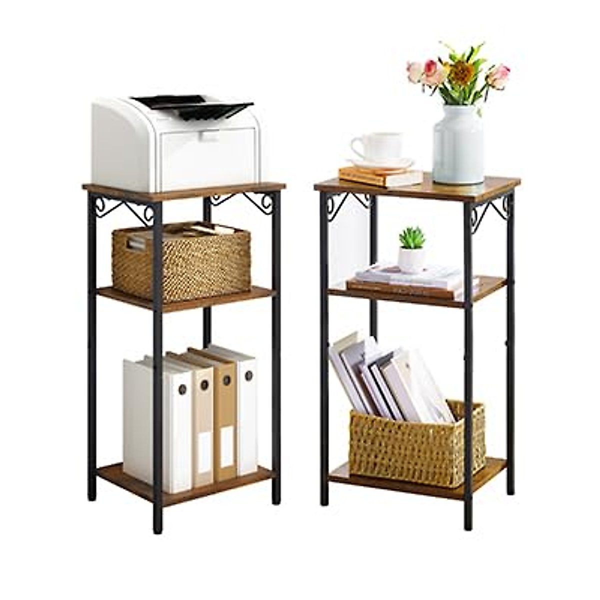 Hoctieon 3 Tier End Table Set of 2, Slim Side Tables, Narrow Side Tables, Nightstands for Small Spaces, Metal Frame, Easy Assembly, Rustic Brown