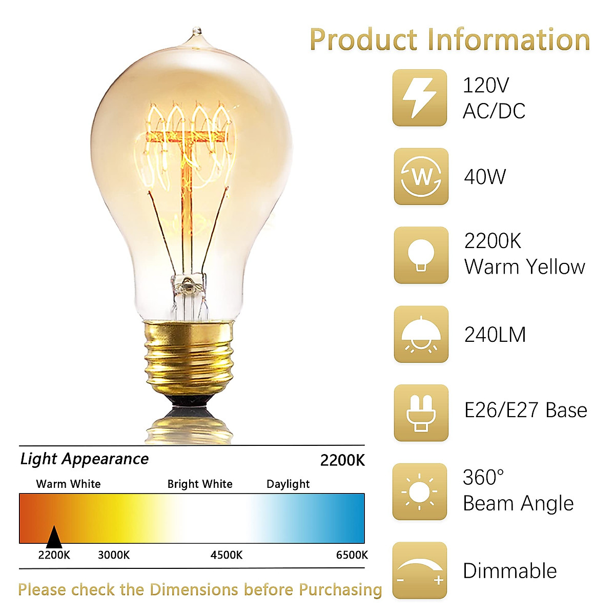 Figame A19 Edison Bulb 40W 6-Pack - Dimmable 120V Amber Glass, Antique Retro Style Old-Fashioned Incandescent Bulb, 2200K Warm Yellow Light, for Home Office Desk Lamp