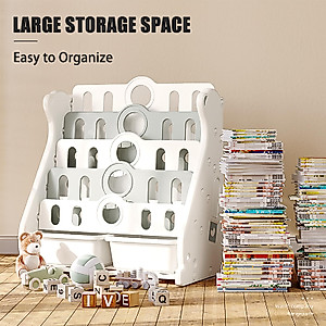 Deer COCO Kids Bookshelf 4 Tier Small Bookcase Organizer for Kids Room, Nursery Book Shelf Sling Bookshelf Toy Storage for Children, Montessori Bookshelf (Grey)