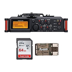 Tascam DR-70D 4-Track Portable Recorder Bundle with 64GB Memory Card and Card Reader (3 Items)