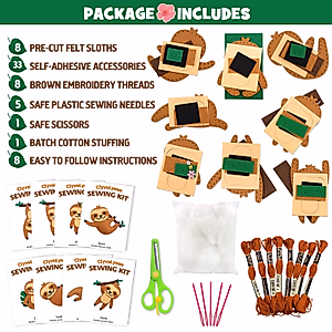 CiyvoLyeen Sloth Sewing Craft Kit Jungle Animal DIY Craft Sewing Kit for Girls and Boys Educational Sewing Kits for Kids Age 8 9 10 11 12 Craft Kit Includes 8 Projects