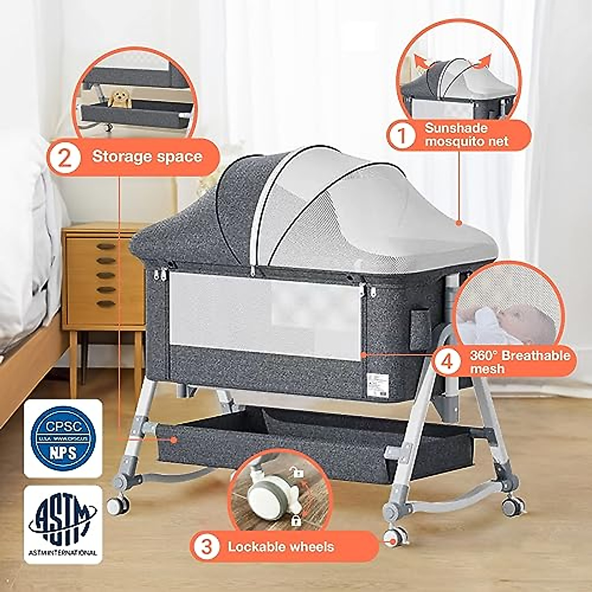 Baby Bassinets Bedside Sleeper, Baby Crib with Wheels, Baby Bed with Mosquito Nets, Adjustable Height Portable Bassinet for Baby with Large Storage Bag, Bassinet for Infant/Baby/Newborn