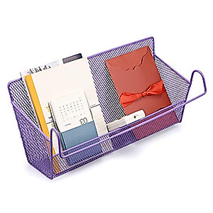 BTSKY 2 Pack Bedside Storage Baskets, Dorm Room Bed Storage Basket Metal Mesh Desktop Corner Shelves Hanging Organizer Rack Shelf Bedside for Book Phones Drinks Tissues Office Home with Hook Purple