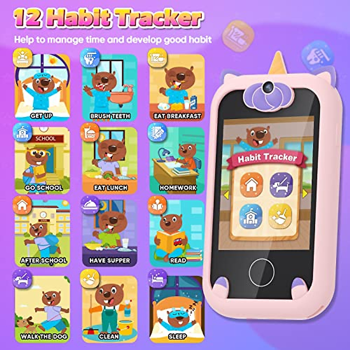 Lizzbey Unicorn Phone for Girls Age 3-8 - Touchscreen Learning Toy with Camera and 8G SD Card