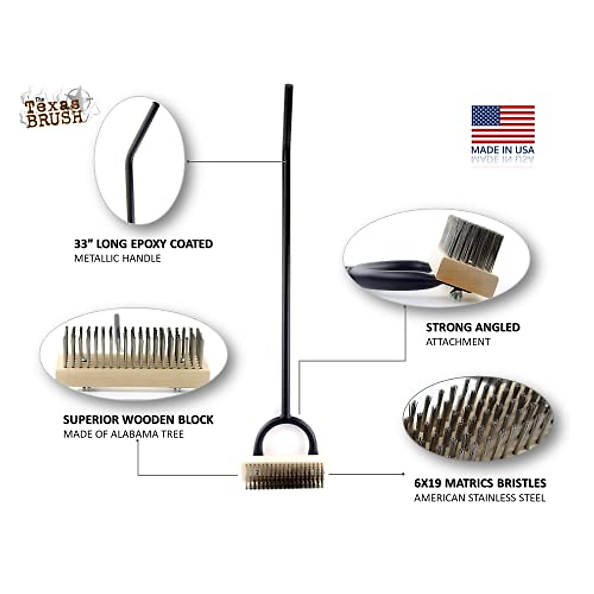 Texas BBQ Grill Brush-33 Metallic Handle, Stainless Steel Bristles-Heavy Duty Barbeque Grill Cleaning Tool-Scratchless Cleaning Brush for Gas/Charcoal Grates-Grilling Gifts for Cooks-Replaceable Head