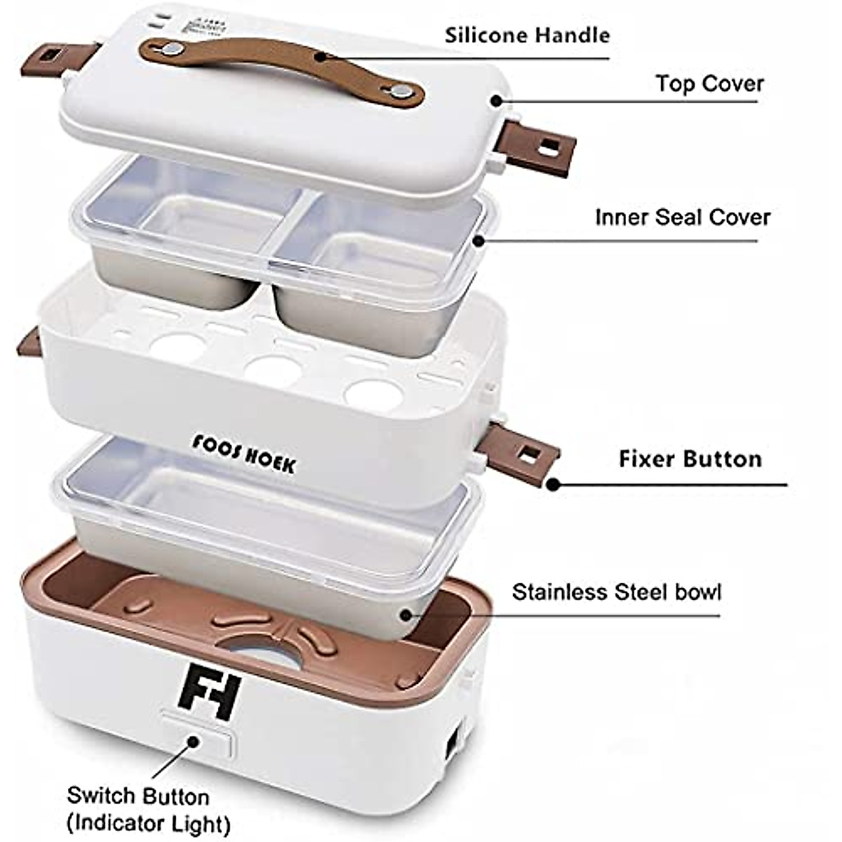 Focs Hoek Electric Lunch Box, Portable Heating Electric Lunch Box, 0.8L/110V With Spoon and Fork Insulation Bag, Suitable for Home School Office Workplace Travel(ONLY THE WALL PLUG) (White)