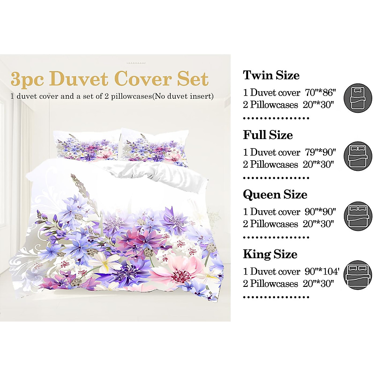 Purple Themed Flower Duvet Cover Set, Vibrant Blooming Bouquet Printed Duvet Cover ,Comfortable And Lightweight 3-piece Bedroom Pillowcase Home Decoration (1 Duvet Cover+2 Pillowcases)-Flower1-King
