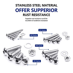 NINDEJIN Metric Button Head Socket Cap Screw Bolts & Flat Washers & Nuts Assortment Kit M2 M3 M4 M5 Stainless Steel Machine Screws Set and Wrench, 880 PCS