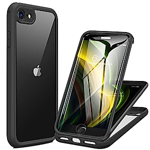 Miracase iPhone SE 2020 Case 2022/iPhone 8 Case Full-Body with Built-in Glass Screen Protector, Rugged Clear Hard Cover Silicone Bumper for iPhone 8/ iPhone SE Case 3rd Generation/ 2nd Gen, Black